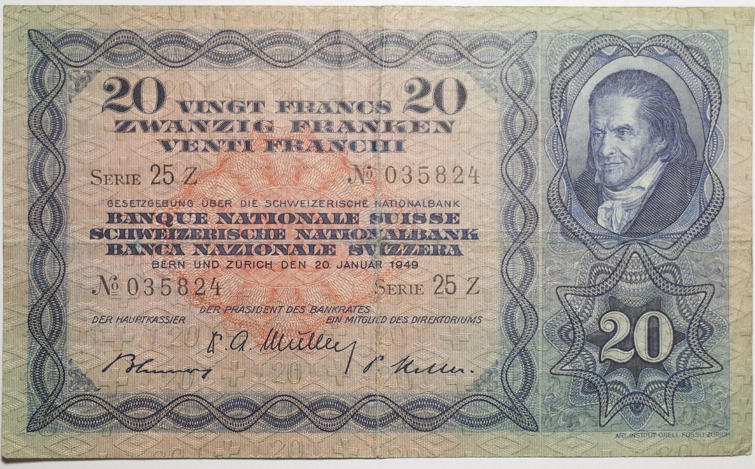 Schweiz 20.01.1949 20 Franken Note Typ: Heinrich Pestalozzi Gebraucht ...