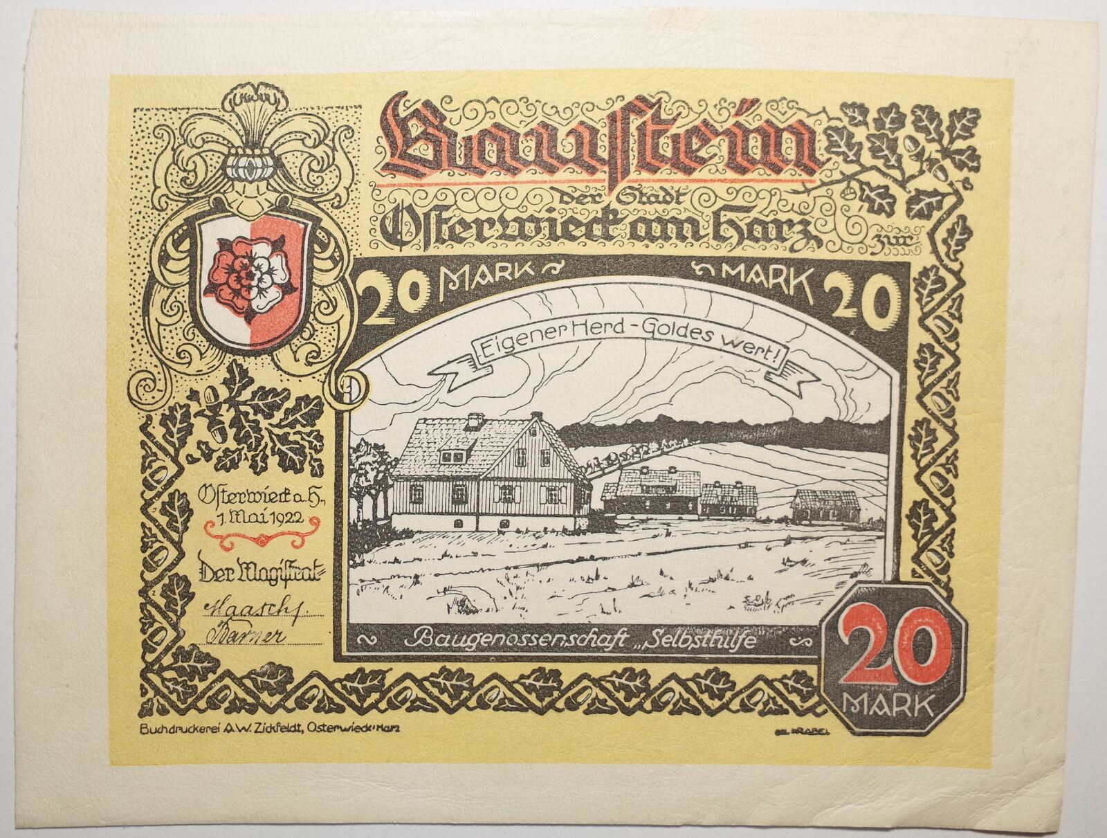 Deutschland 20 Mark 1.5.1922 Baustein der Stadt Osterwieck a. Harz | MA ...