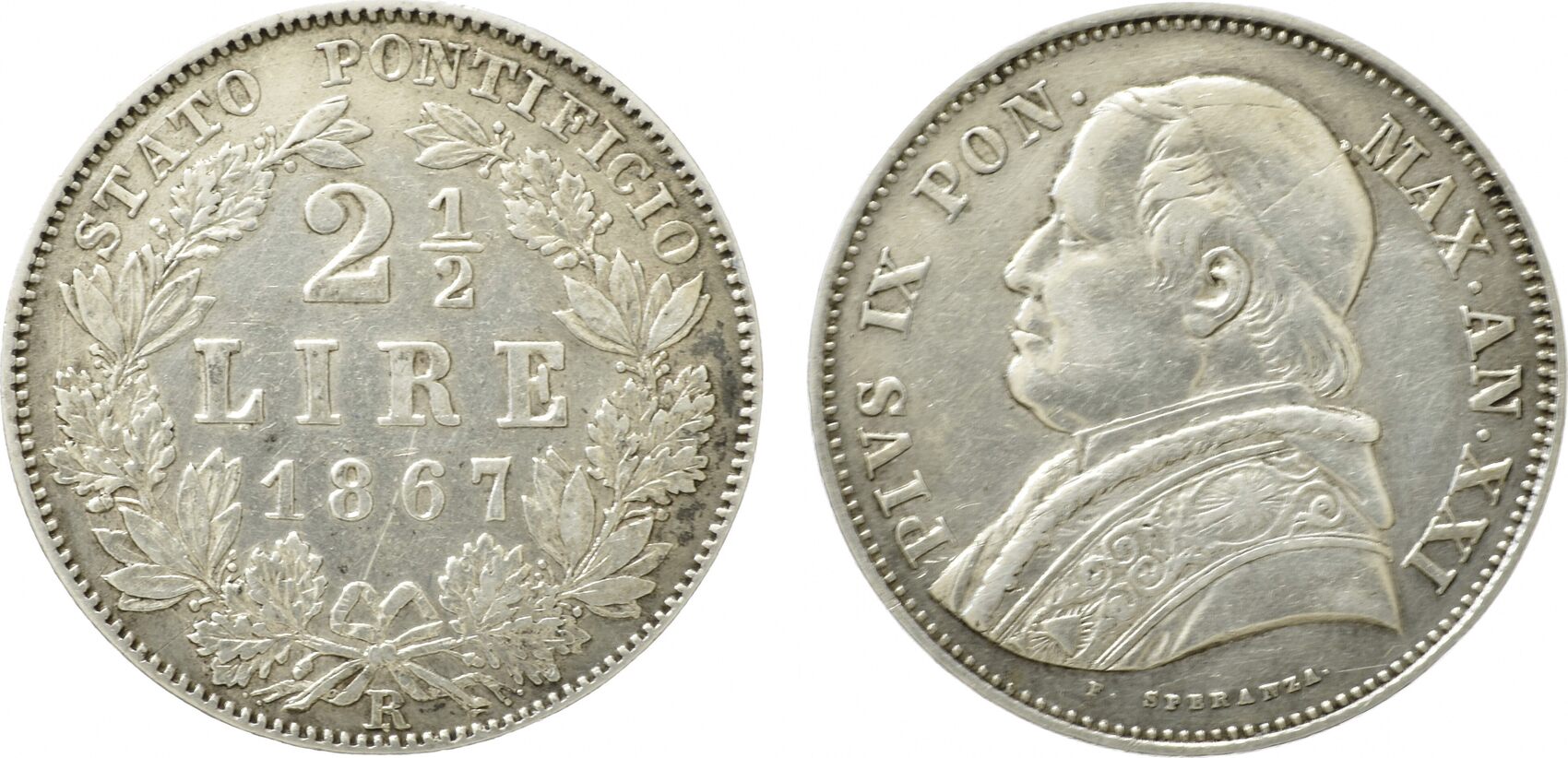 Vatikan 2 1/2 Lire 1867 Pius IX PON. MAX. AN .XXI / F. SPERANZA. ss-vz | MA-Shops