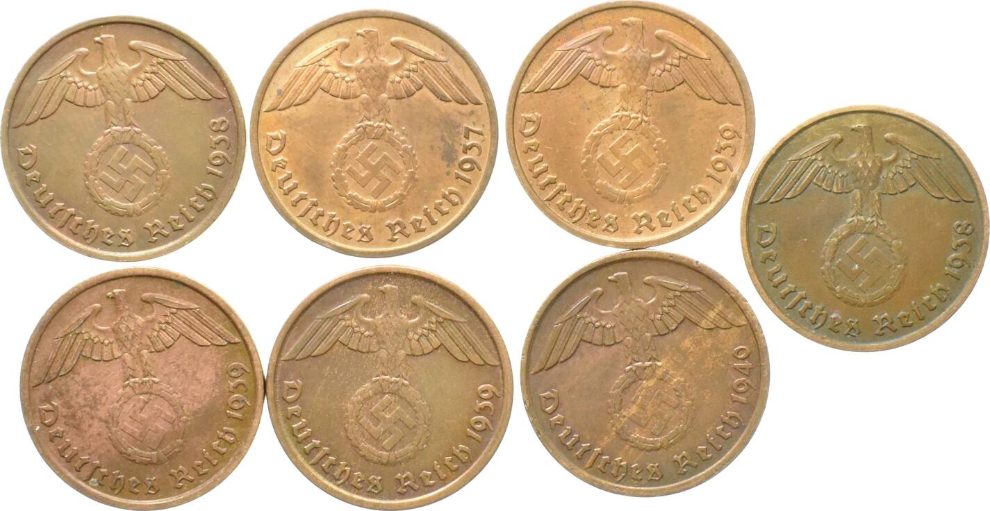 Deutschland 1937,38,39,40 Lot von 7 X 2 Pfennig ss/vz | MA-Shops