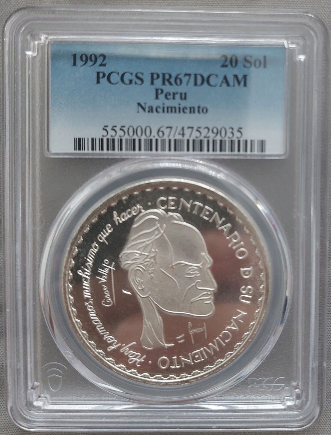 PERU SILVER 20 SOL PROOF COIN 1992 YEAR KM#315 Cesar Vallejo PCGS PR67 ...