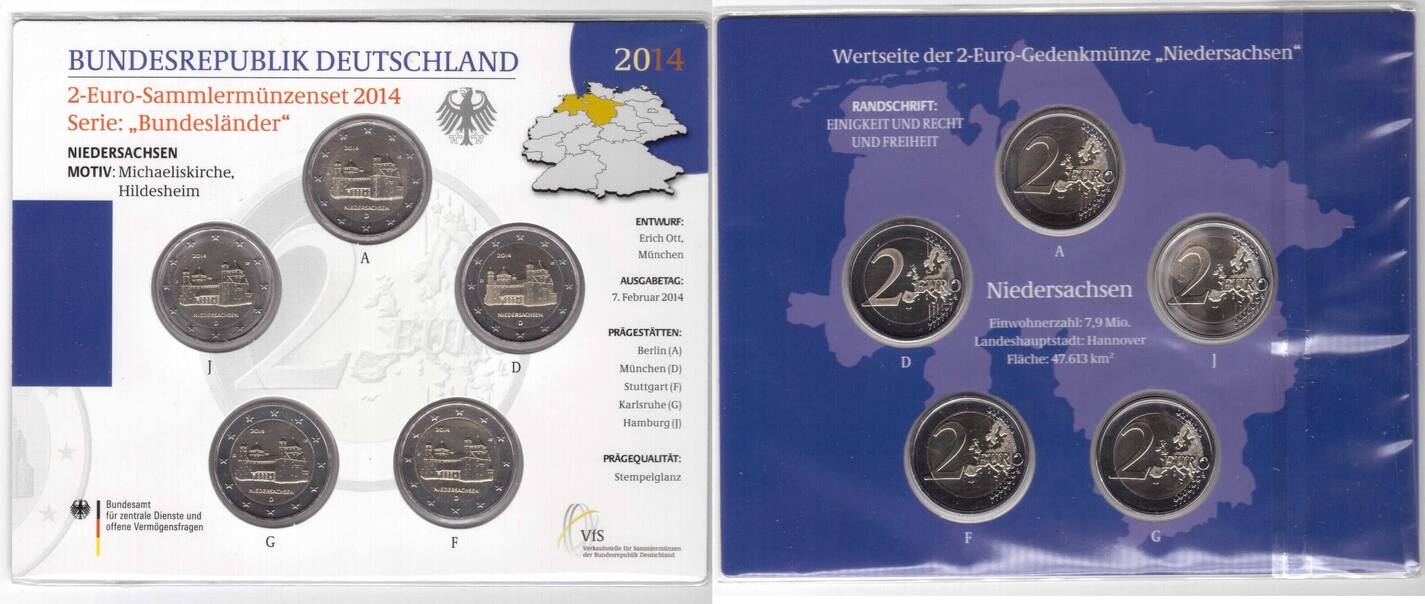 GERMANY 5 DIF X 2 BIMETAL EURO UNC COINS SET 2014 YEAR NIEDERSACHSEN A ...