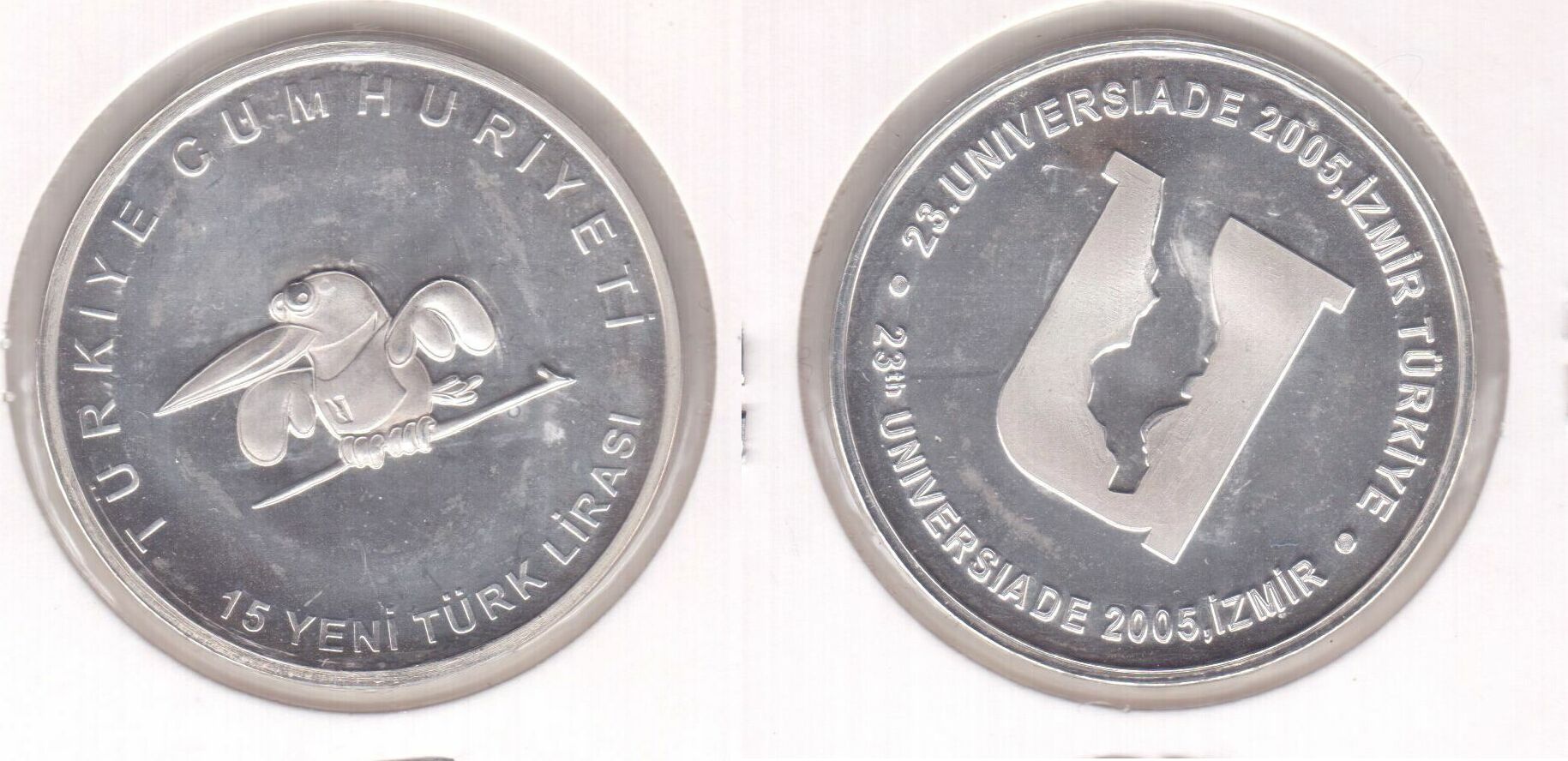 LIRA 2005 TURKEY SILVER UNC 15 NEW COIN YEAR KM#1193 23th UNIVERSIADE ...