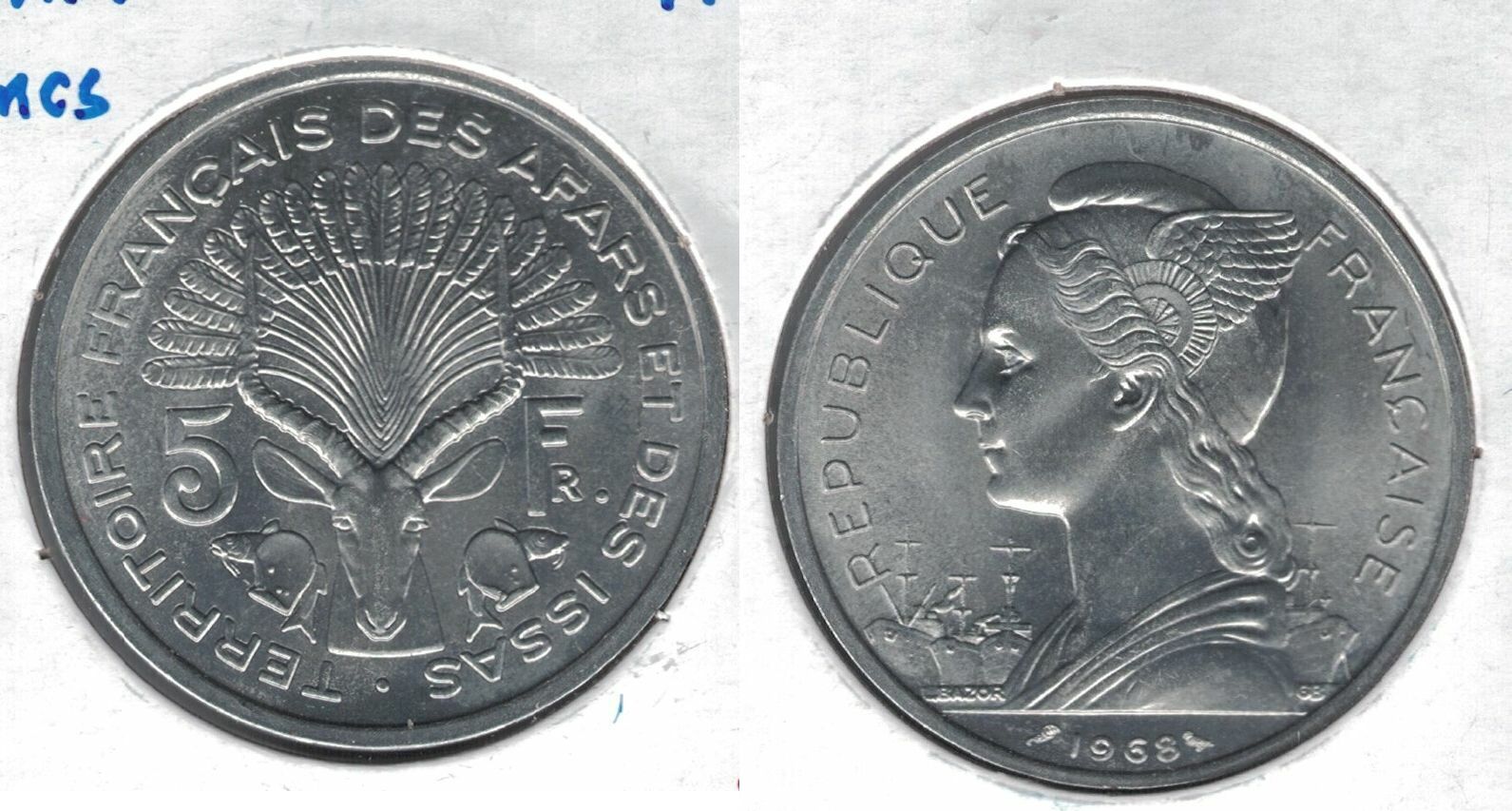 5 FRANCS 1968 FRENCH AFARS & ISSAS RARE UNC COIN YEAR KM#14 | MA-Shops