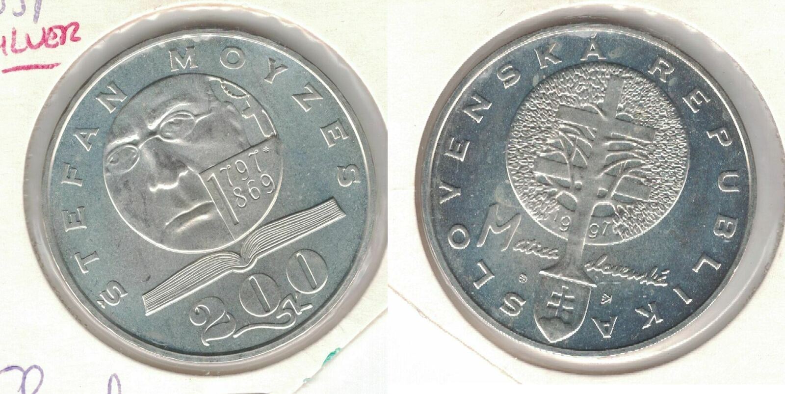 200 KORUN 1997 SLOVAKIA RARE SILVER UNC COIN YEAR KM#40 200th ANNI MOYZES | MA-Shops