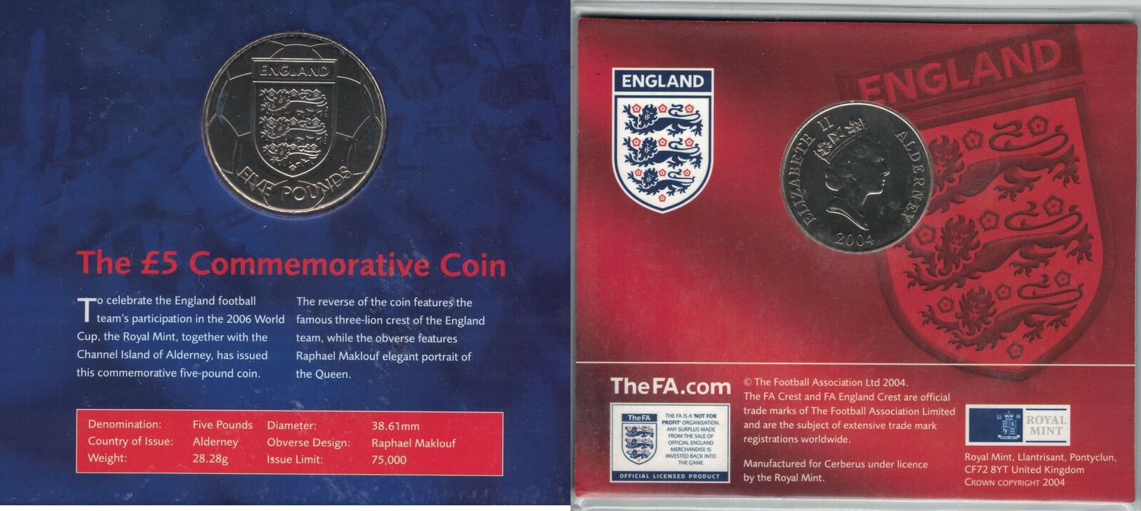5 POUNDS 1966 ALDERNEY £5 BU COIN 2004 YEAR ENGLAND SOCCER FOOTBALL ...
