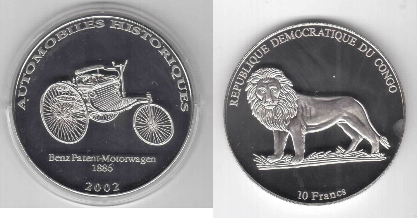 10 FRANCS 2002 CONGO PROOF COIN YEAR AUTOMOBILE KM#193 BENZ PATENT ...