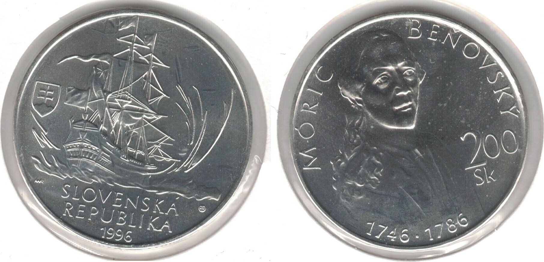 200 KORUN 1996 SLOVAKIA SILVER BU COIN YEAR KM#34 MORIC BENOVSKY SHIP ...