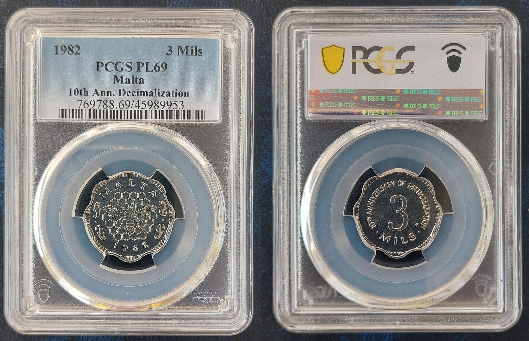 3 MILS 1982 MALTA PROOFLIKE UNC COIN KM#55 BEE DECIMALIZATION PCGS PL69 ...