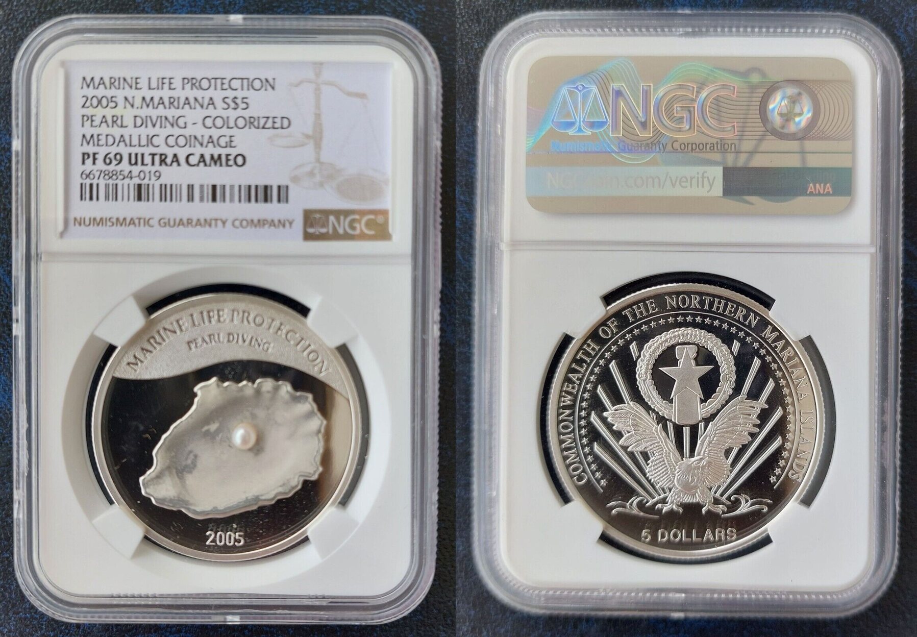 2005 NORTHERN MARIANA SILVER PROOF 5$ COIN YEAR MARINE LIFE PEARL NGC ...