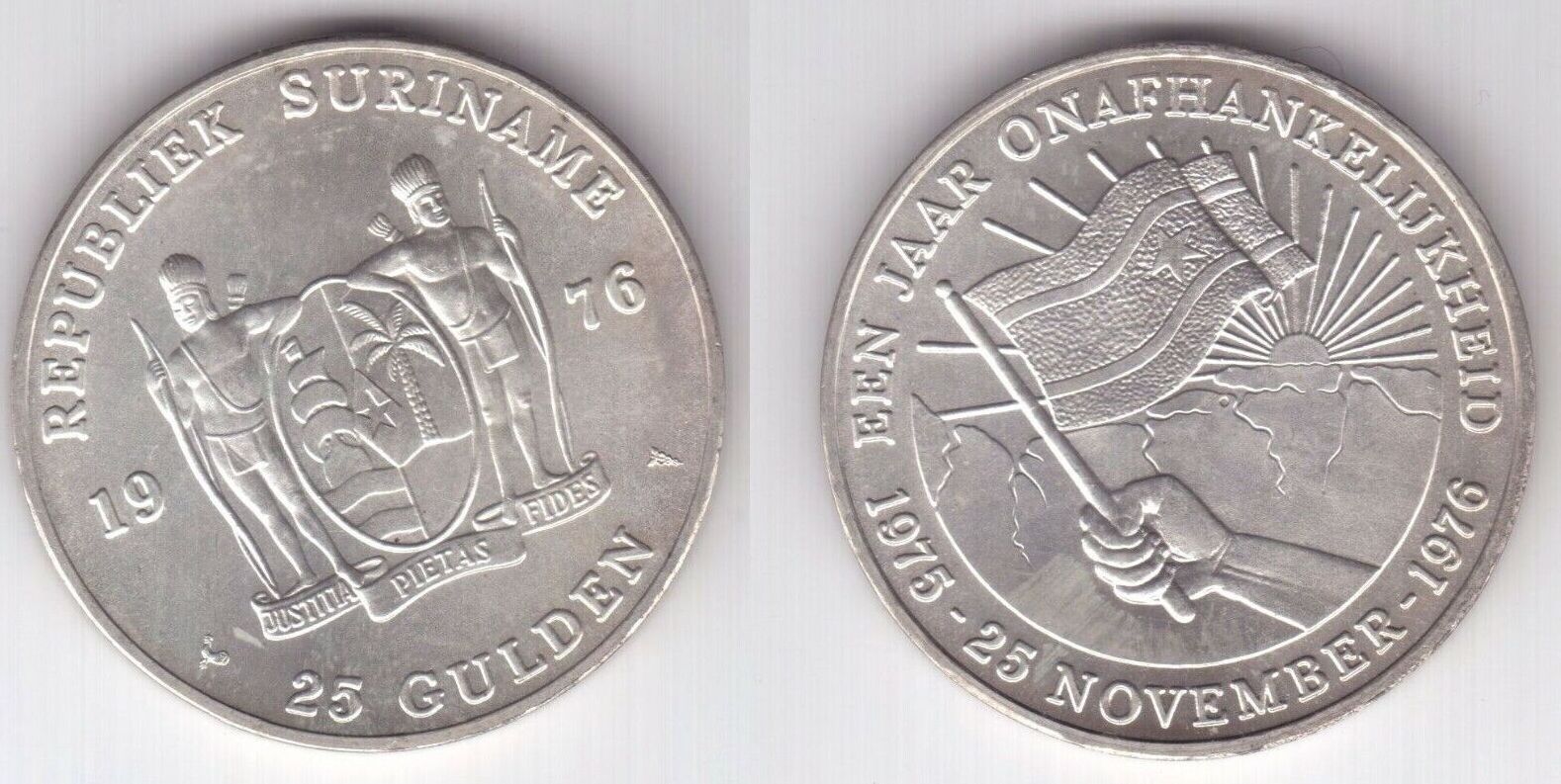 25 GULDEN 1976 SURINAME SILVER UNC COIN YEAR KM#17 1st ANNI ...