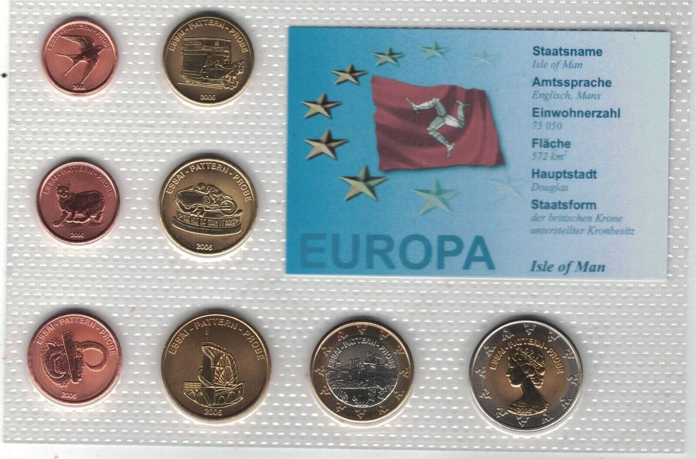 2 EURO 2006 ISLE OF MAN PROBE PATTERN ESSAI 8 DIF UNC SET 0.01 - YEAR ...