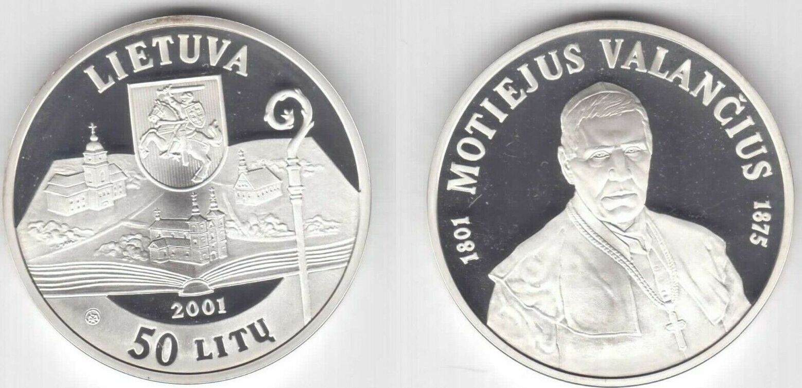 50 LITU 2001 LITHUANIA PROOF SILVER COIN YEAR KM#129 200th Motiejus ...
