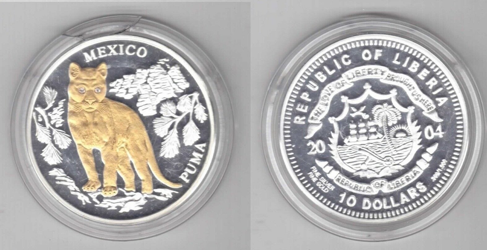 2004 LIBERIA - SILVER GOLD PLATTED PROOF 10$ COIN YEAR MEXICO PUMA | MA ...