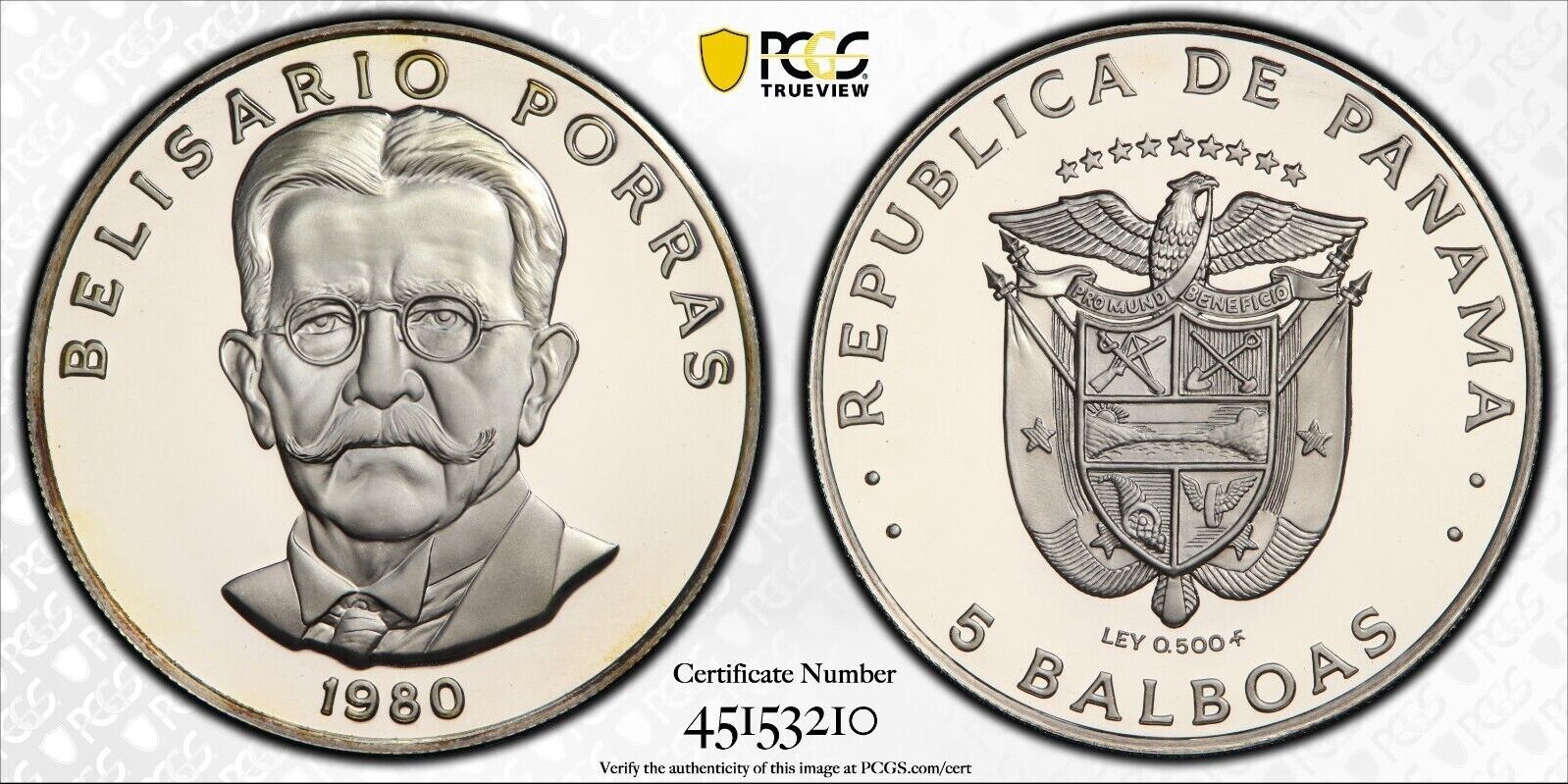 5 BALBOA 1980 PANAMA SILVER PROOF COIN YEAR KM#40.3 PCGS PR68 PORRAS ...