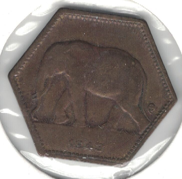 2 FRANCS 1943 BELGIAN CONGO RARE HEXAGONAL COIN YEAR KM#25 6 SIDED ELEPHANT n2 | MA-Shops