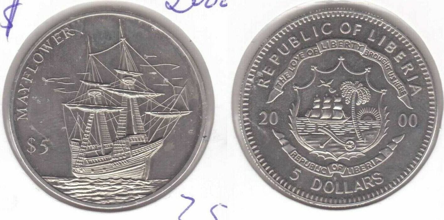 LIBERIA RARE 5$ UNC COIN 2000 YEAR SHIP MAYFLOWER KM#695 | MA-Shops