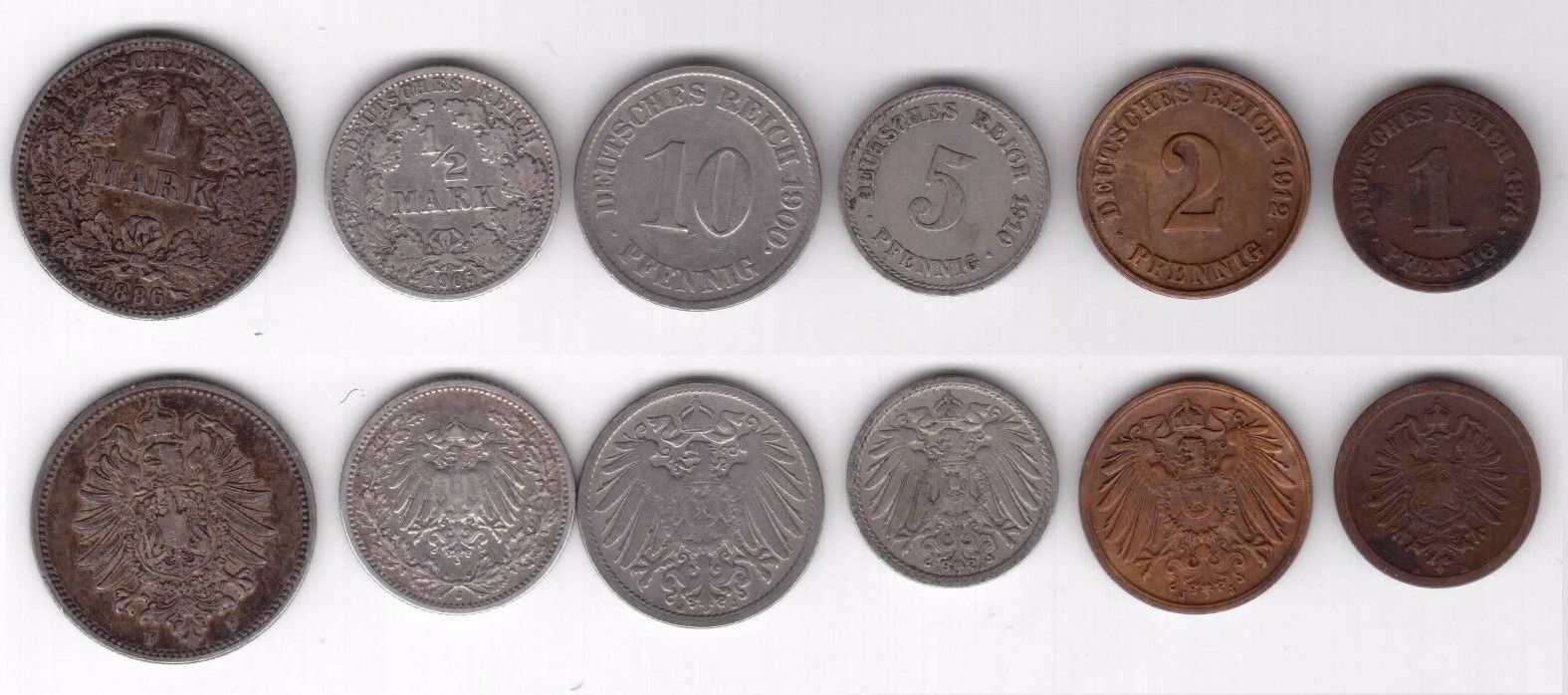 1 PFENNIG GERMAN EMPIRE - RARE 6 DIF COINS SET - 1 MARK 1874 - 1912 ...