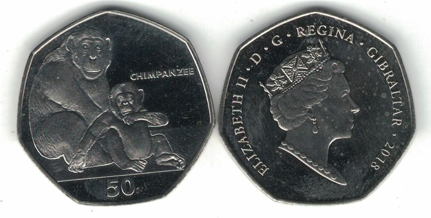 50 PENCE 2018 GIBRALTAR UNC COIN YEAR MONKEY CHIMPANZEE UNCOLORED | MA ...