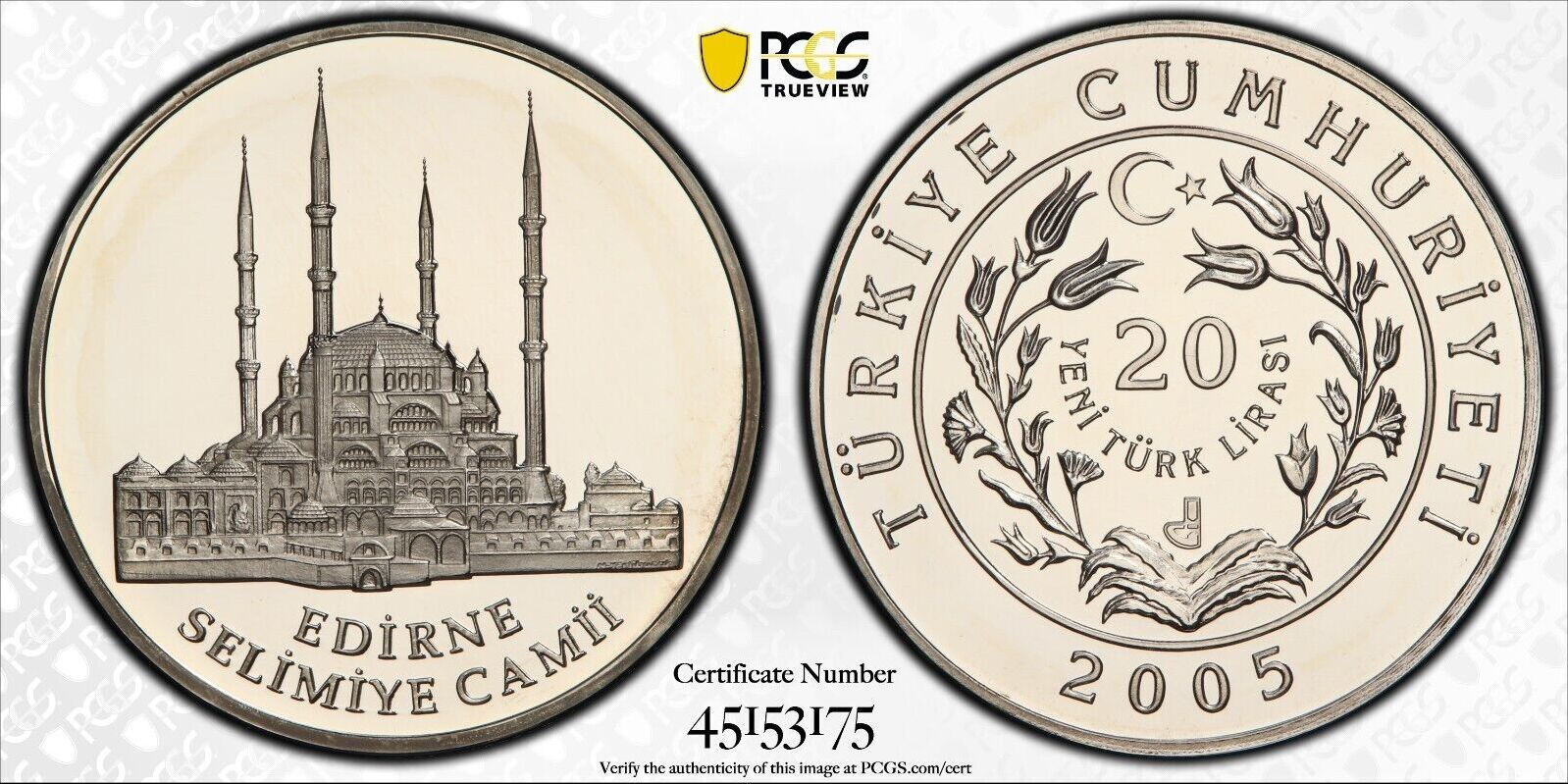 20 LIRA 2005 TURKEY SILVER PROOF COIN KM#1188 EDIRNE MOSQUE PCGS PR67 ...