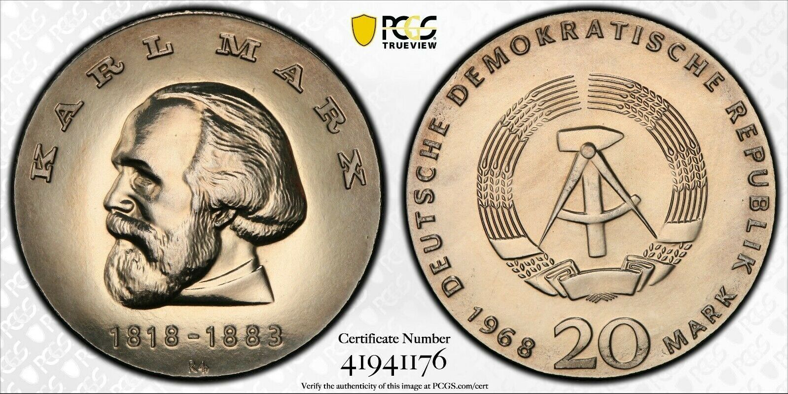 20 MARK 1968 DDR EAST GERMANY SILVER UNC COIN YEAR KM#21 KARL MARX PCGS ...