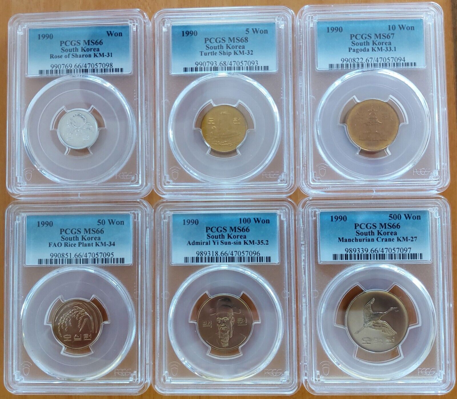 500 WON 1990 SOUTH KOREA 6 DIF UNC COINS SET 1 - YEAR 5 WON SHIP PCGS ...