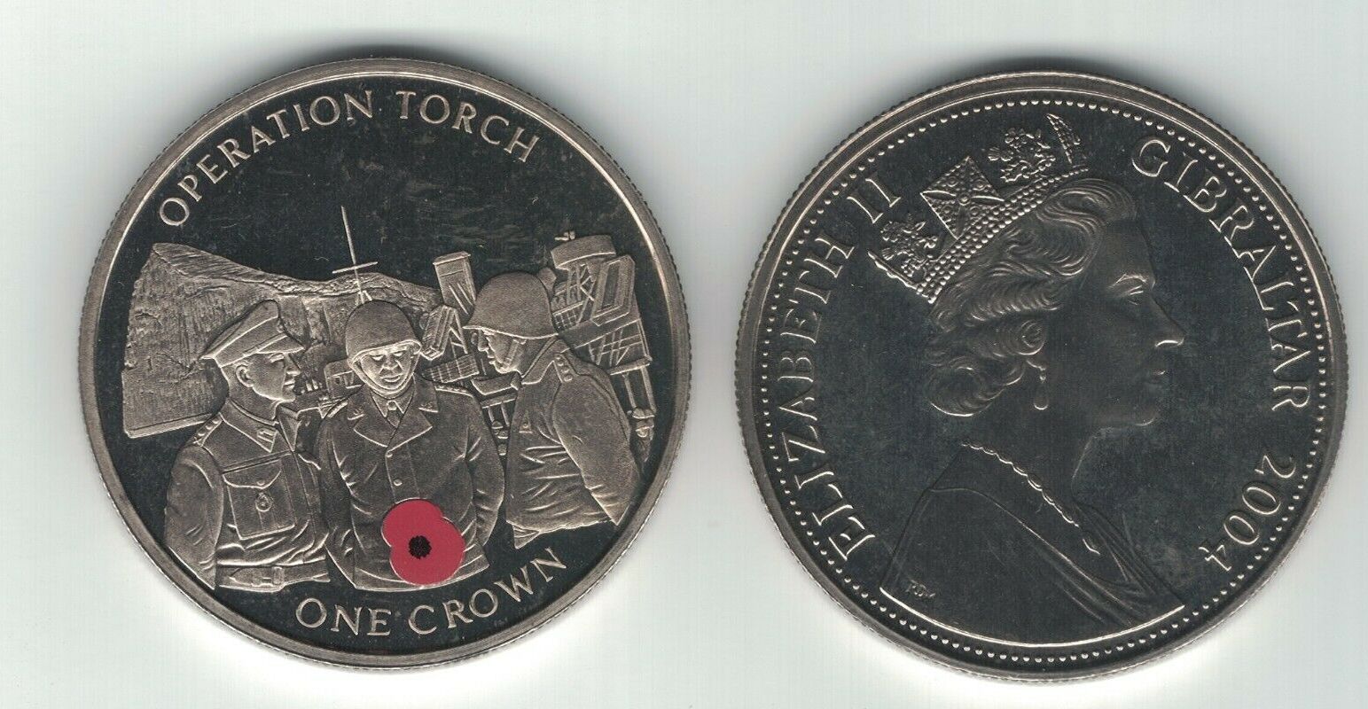 1 CROWN 2004 GIBRALTAR COLORED UNC COIN YEAR KM#1149 POPPY OPERATION ...