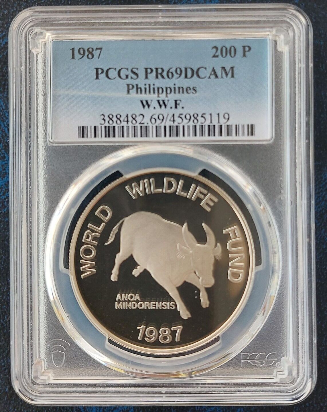 200 PISO 1987 PHILIPPINES SILVER proof COIN KM#248 BUFFALO WWF PCGS ...