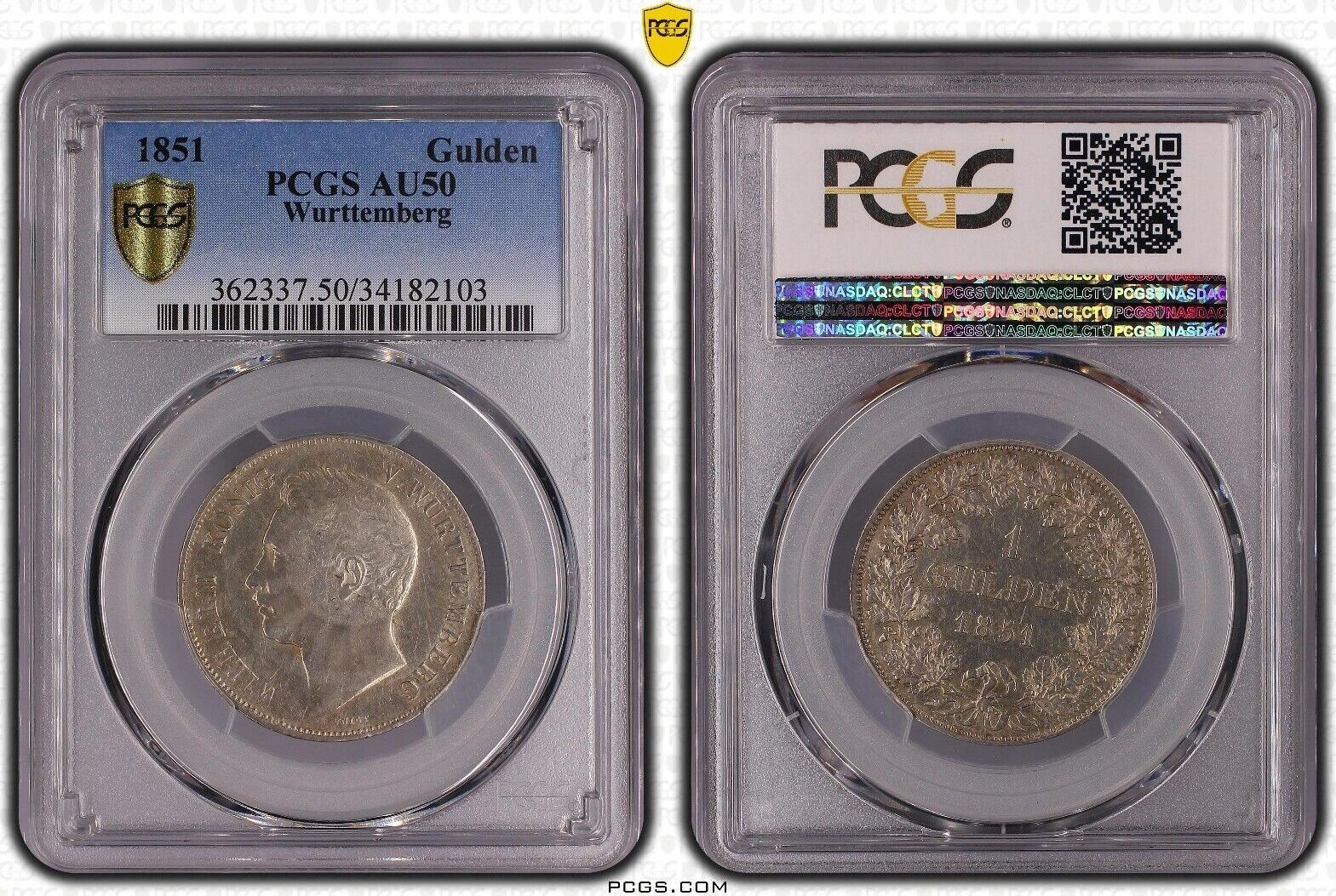 1 GULDEN 1851 WURTTEMBERG GERMANY RARE SILVER COIN YEAR KM#574 PCGS ...