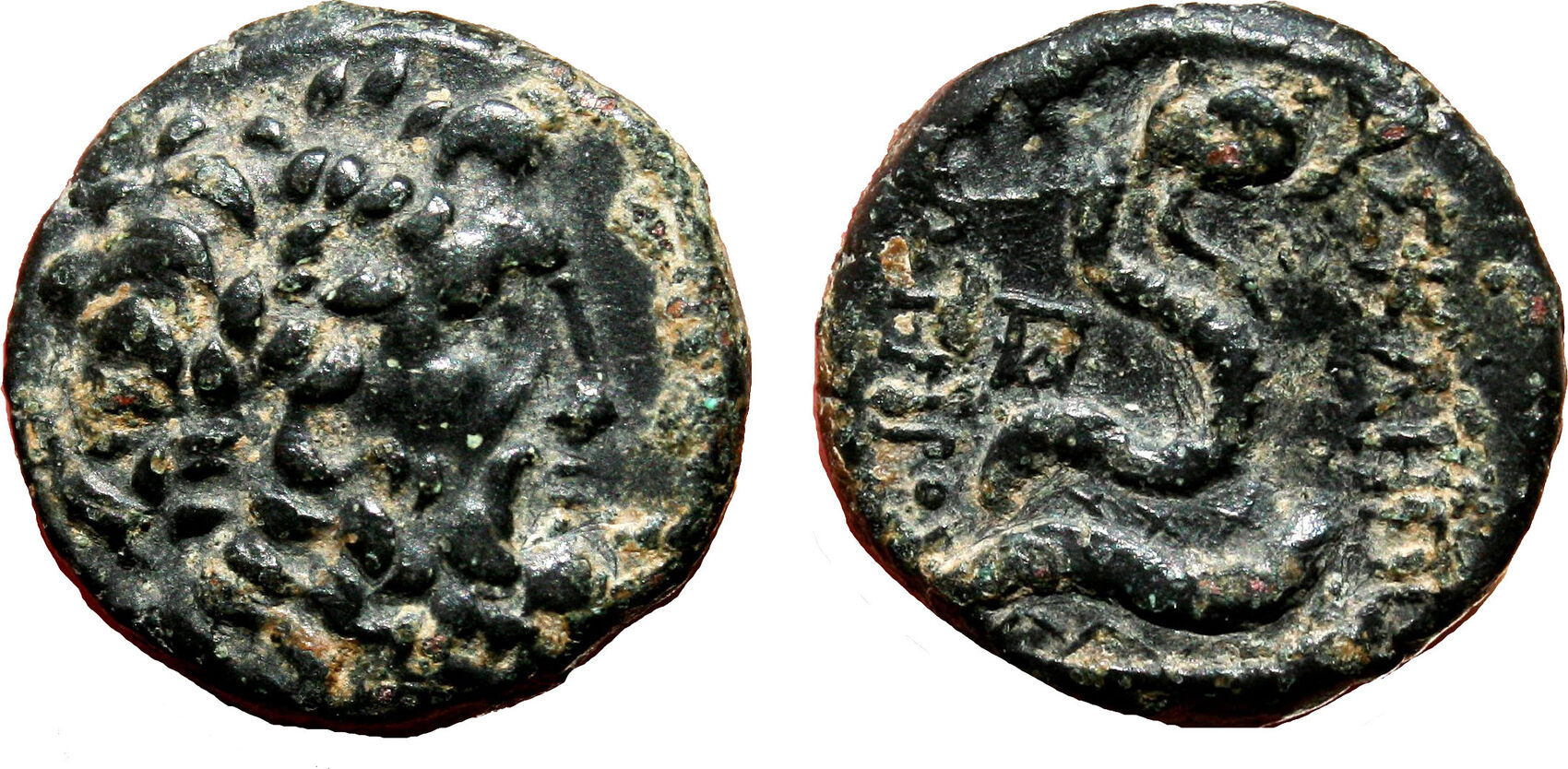 Greek early 2nd century b.C. PERGAMON AE18. EF/EF-. Asclepios - Snake ...