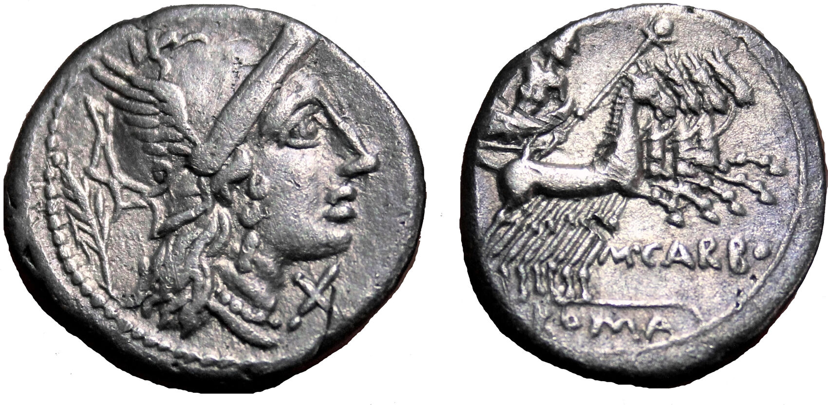 Roman Republic M. Papirius Carbo AR Denarius. VF+/EF-. 121 BC. Quadriga ...