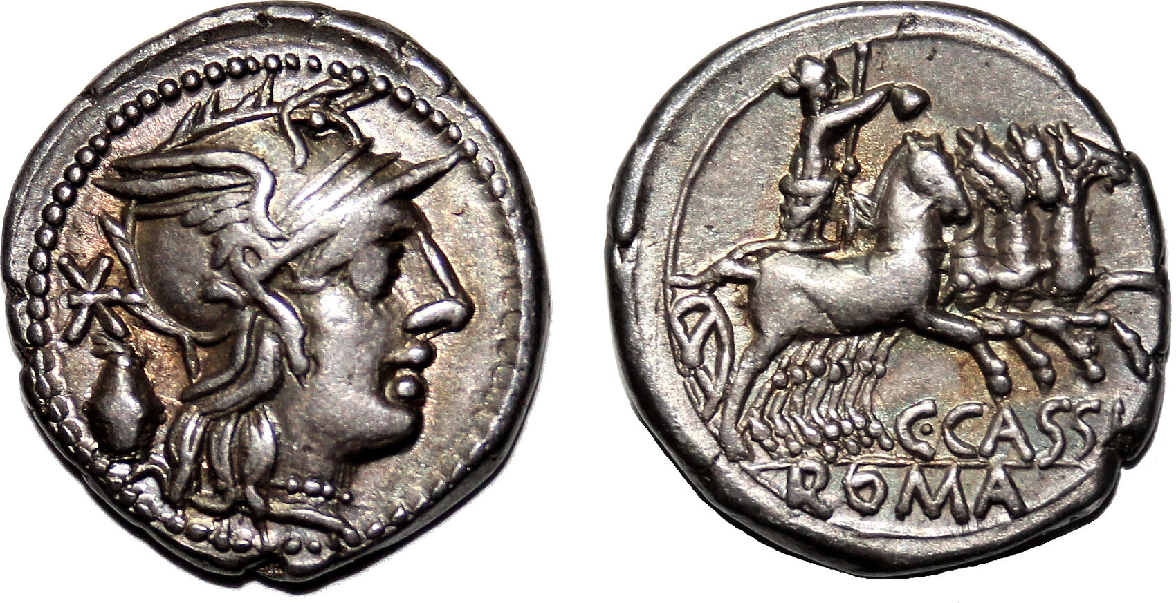 Roman Republic C. Cassius AR Denarius. EF-. 126 BC. Quadriga. | MA-Shops