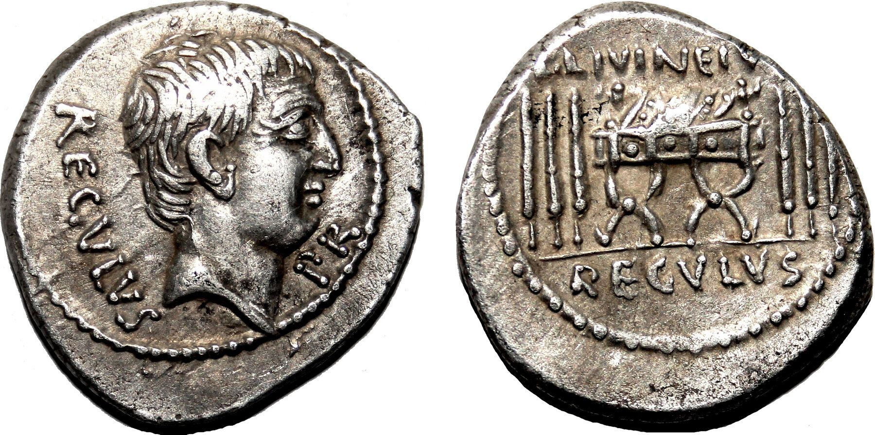 Roman Republic L. Livineius Regulus AR Denarius. EF-. 42 BC. Curule ...