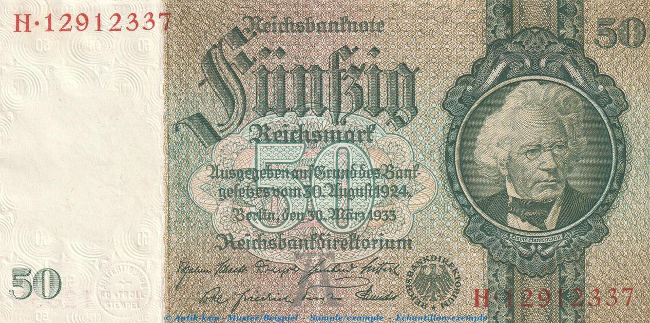 50 Mk. A-2 Reichsbanknote, 50 Mark Schein -A2- in gbr. DEU-210.b, Ros ...