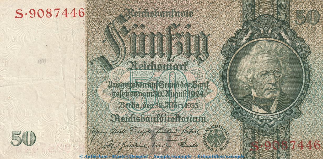 50 Mk. D-1 Reichsbanknote, 50 Mark Schein -D1- in gbr. DEU-210.a, Ros ...