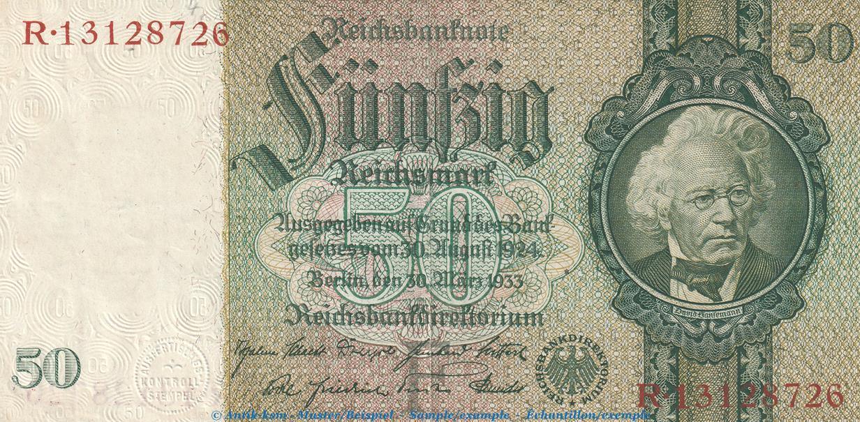 50 Mk. -F2- Reichsbanknote, 50 Mark Schein -F2- in gbr. DEU-210.b, Ros ...