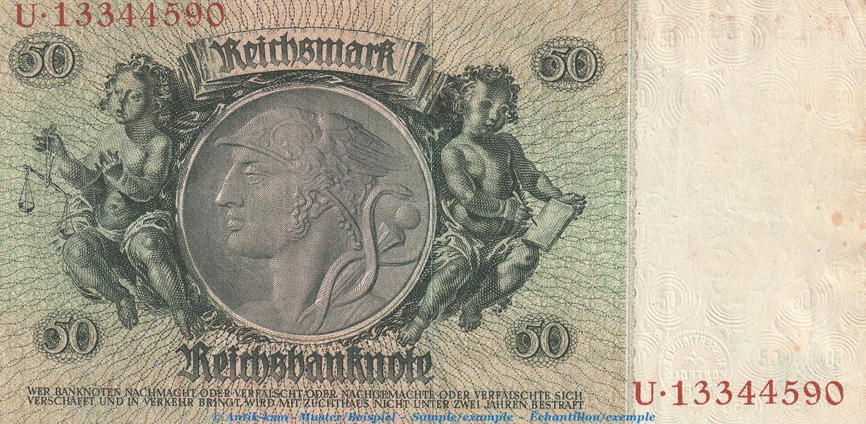 50 Mk. -F2- Reichsbanknote, 50 Mark Schein -F2- in gbr. DEU-210.b, Ros ...