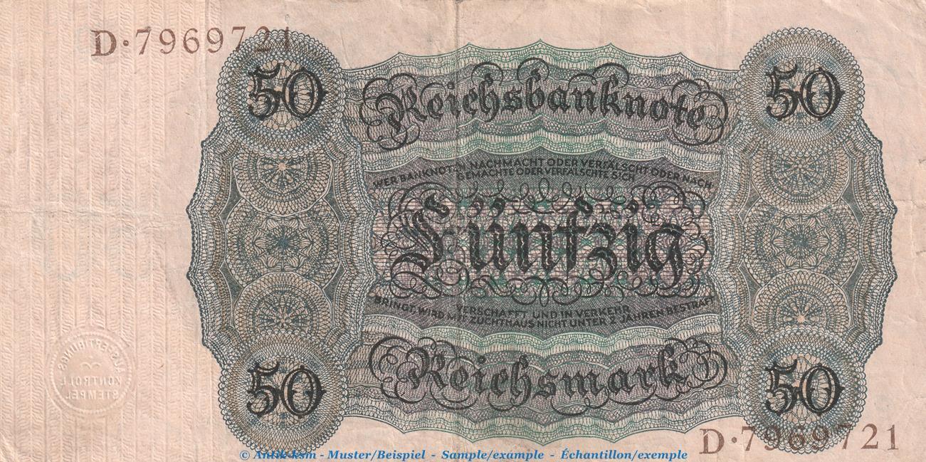 deutsche Reichsbank 50 Mark Schein -D-, a bis g Reichsbanknote, 50 Mark ...