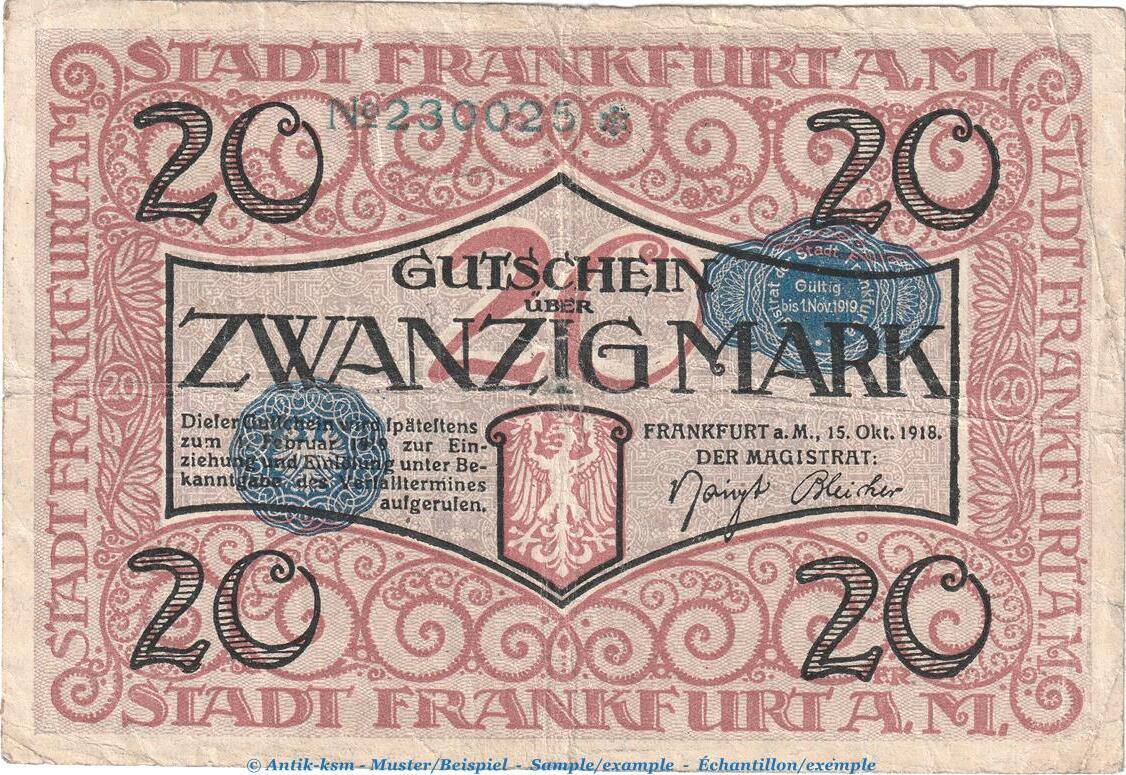 20 Mk. Frankfurt a.M. Banknote 20 Mark Schein in gbr. Geiger 150.07 ...