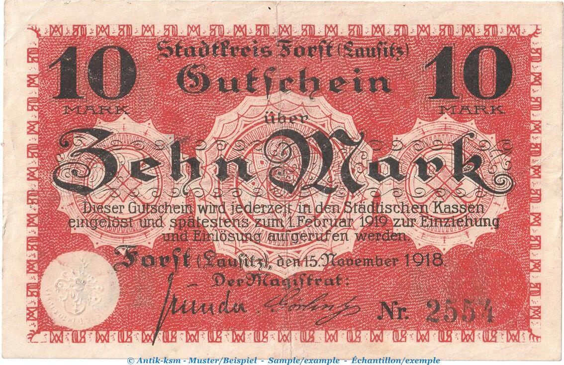 DE Notgeld Stadt Forst, 10 Mark Schein in gbr. Geiger 147.02.c von 1918 ...