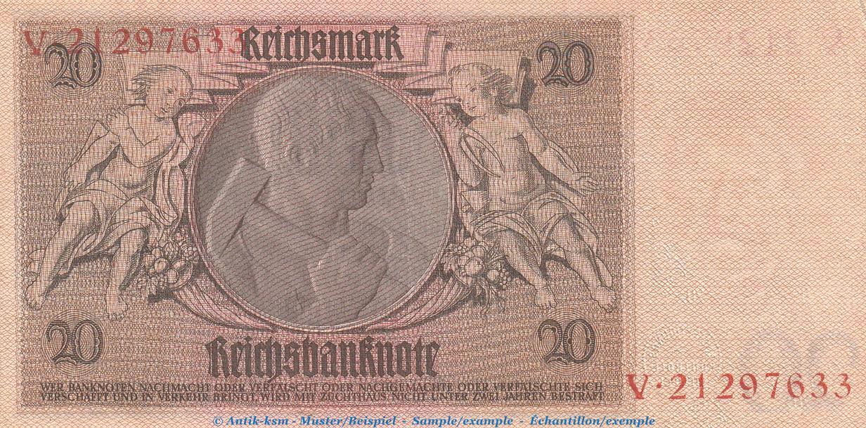 20 Mk. Reichsbanknote, 20 Mark Schein -E 2- in f-kfr. DEU-184.a, Ros ...