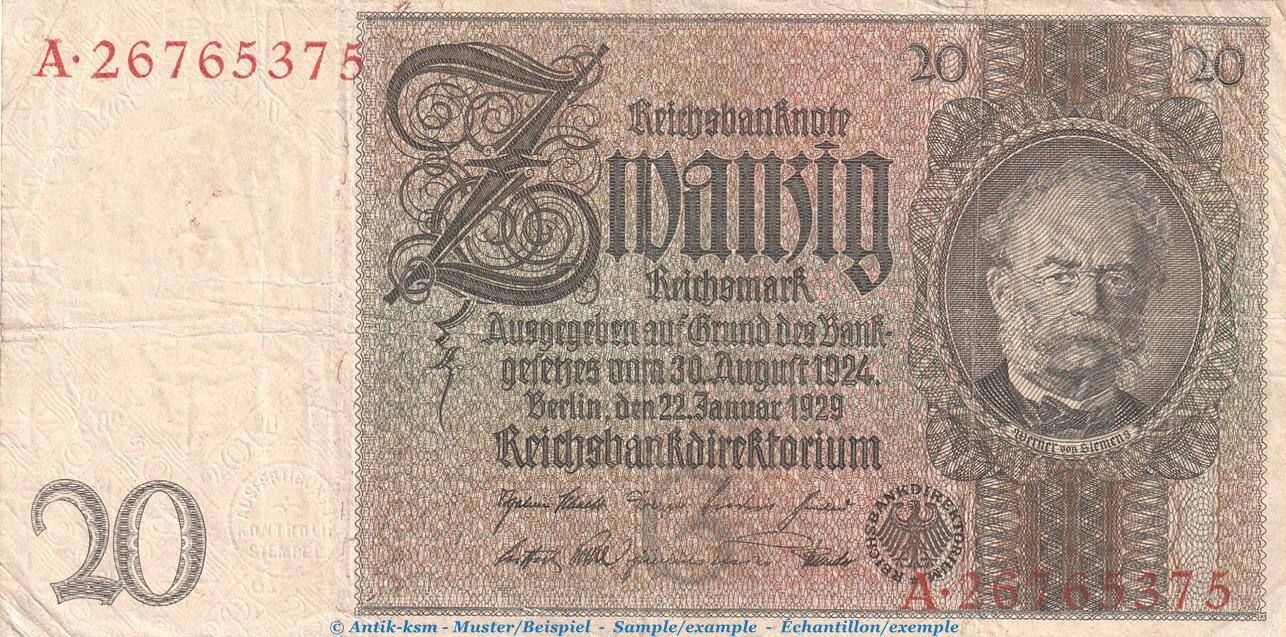 20 Mk. Reichsbanknote, 20 Mark Schein -G 1- in gbr. DEU-184.a, Ros.174 ...