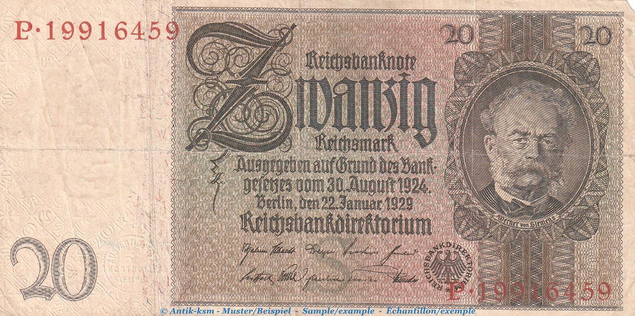 20 Mk. Reichsbanknote, 20 Mark Schein -S 1- in gbr. DEU-184.a, Ros.174 ...