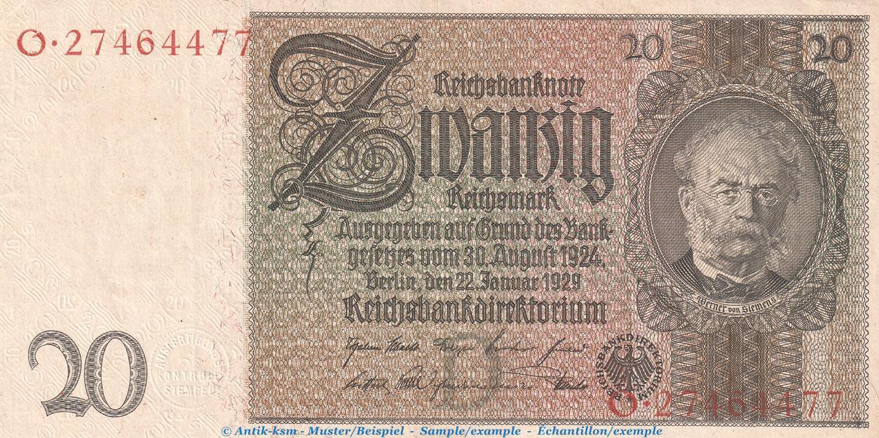 20 Mk. Reichsbanknote, 20 Mark Schein -D 1- in gbr. DEU-184.a, Ros.174 ...