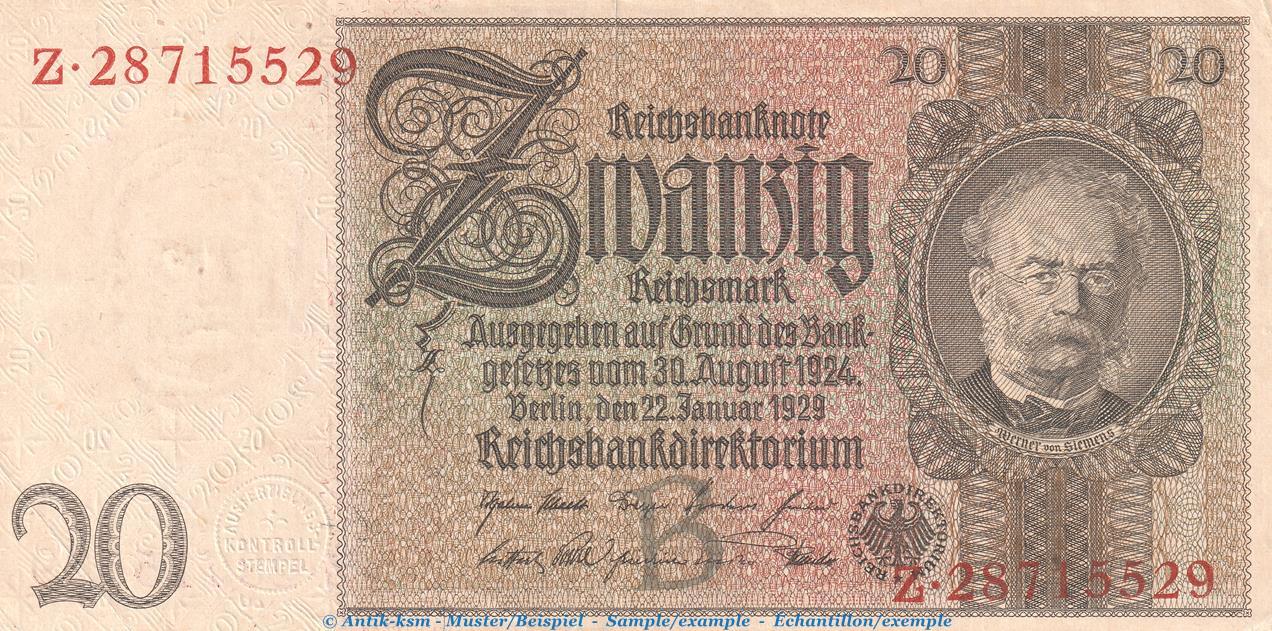 20 Mk. Reichsbanknote, 20 Mark Schein -B 2- in L-gbr. DEU-184.a, Ros ...