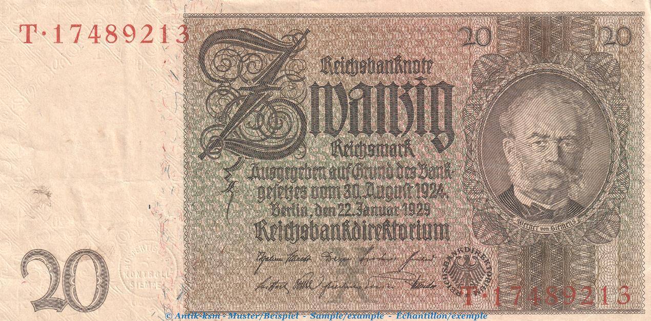 20 Mk. -X 1- Reichsbanknote, 20 Mark Schein -X 1- in gbr. DEU-184.a ...