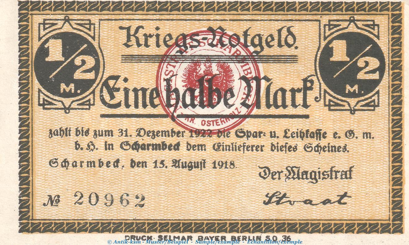 DE 1/2 Mk. Notgeld Stadt Scharmbeck, 1 halbe Mark Schein in kfr. Tieste ...