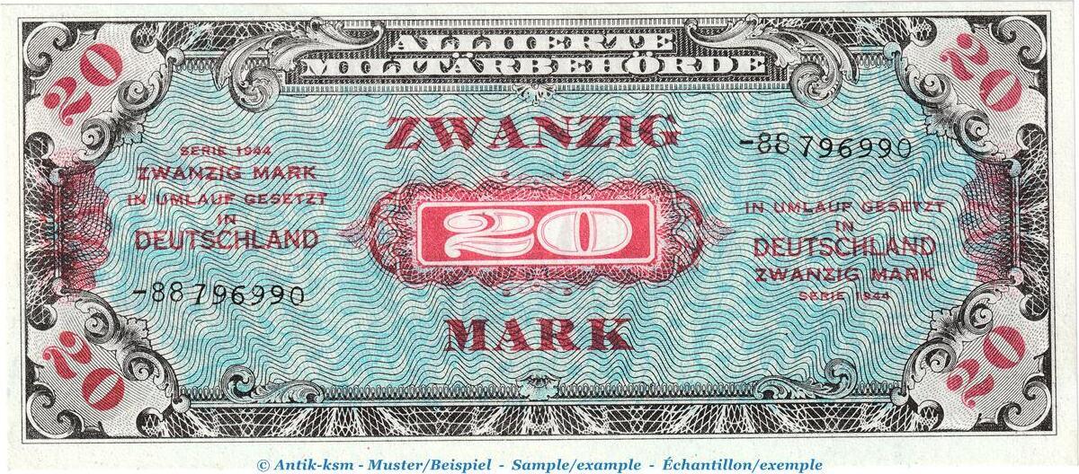 Alliierte Militärbehörde Banknote, 20 Mark Schein -UDSSR- in kfr. AMB-5 ...