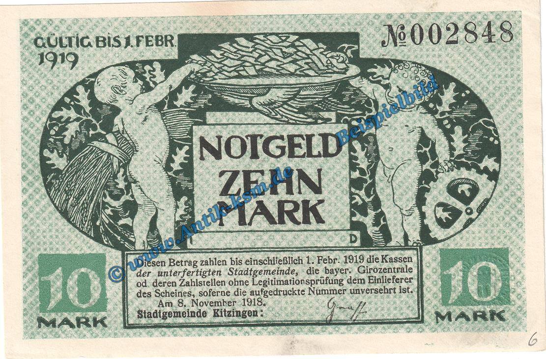 Großnotgeld De. 10 Mk. Kitzingen, Banknote 10 Mark Schein in kfr ...
