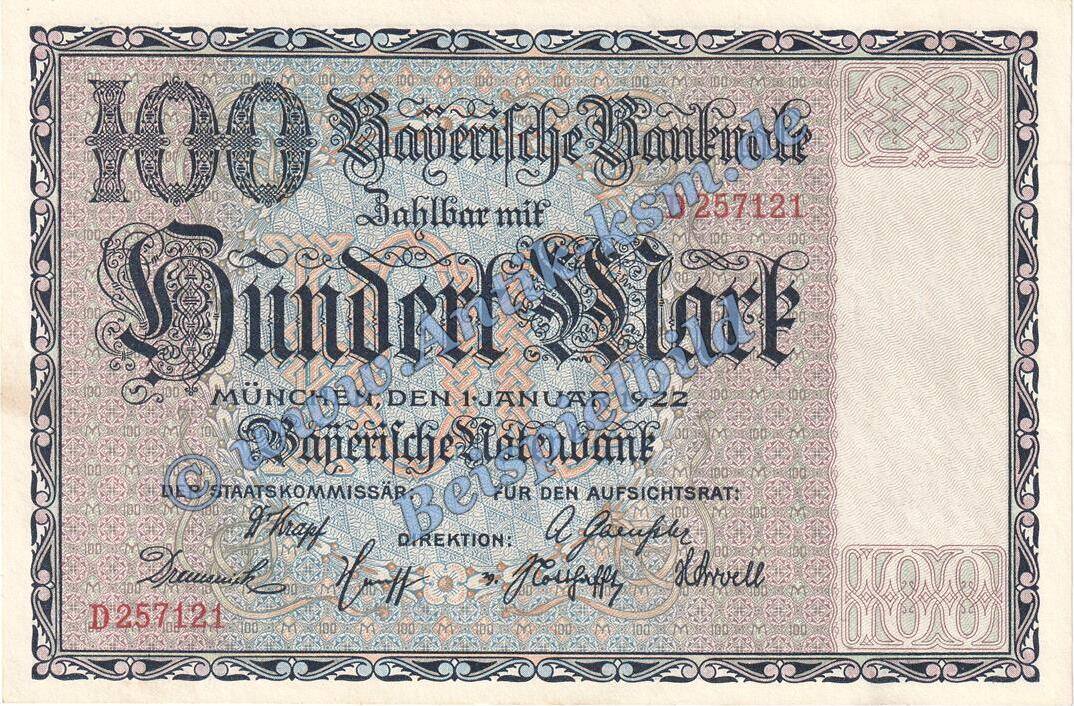 100 Mk. 1922 Reichsbanknote, 100 Mark Schein in kfr. BAY-4, Ros.719, P ...